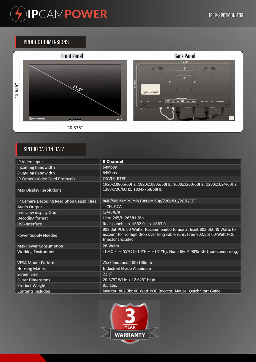 IPCamPower 21.5" POE-Powered CCTV Spot Monitor with Integrated 8 Chann