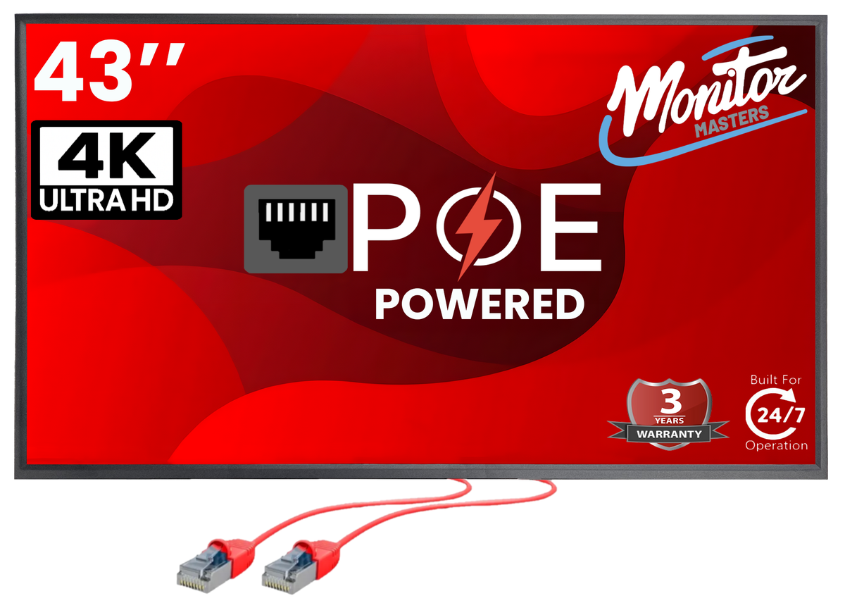 43" POE Powered Monitor, POE Output Passthrough, 24V DC Outputs, 4K, B — IPCamPower
