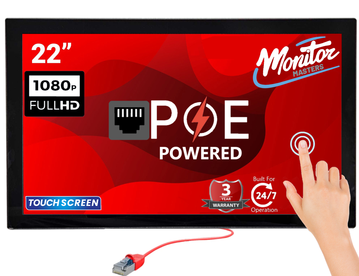 22" POE Powered Touchscreen Monitor, POE Output Passthrough, 12V DC Ou ...